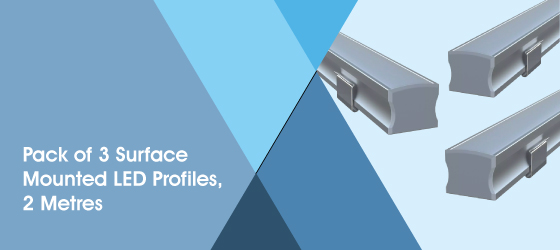 Pack of 3 Surface Mounted Aluminium LED Profiles, 15mm Deep and 2M Long