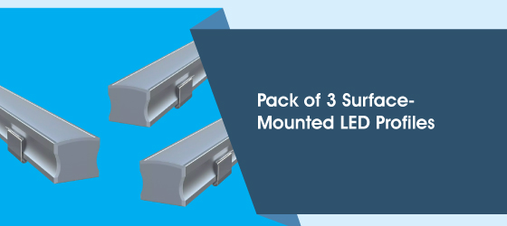 Pack of 3 Surface Mounted Aluminium LED Profiles, 1 Metre